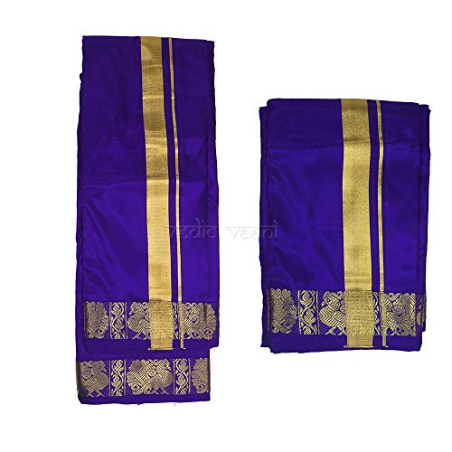 Vedic Vaani Men's Pure Silk Blue Jacquard Dhoti + Uparna With Golden ...