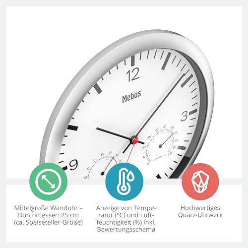 Mebus Quartz Wall Clock with Thermometer and Hygrometer Silver Frame ...