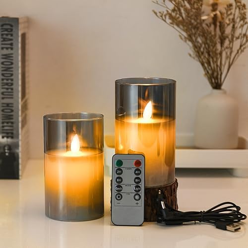 Forever Speed Set of 3 Grey Glass LED Candles Rechargeable with Remote ...