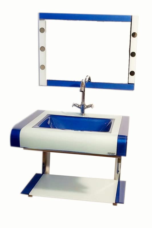 Buy Blue Line White glass wash basin with mirror, self and steel stand ...