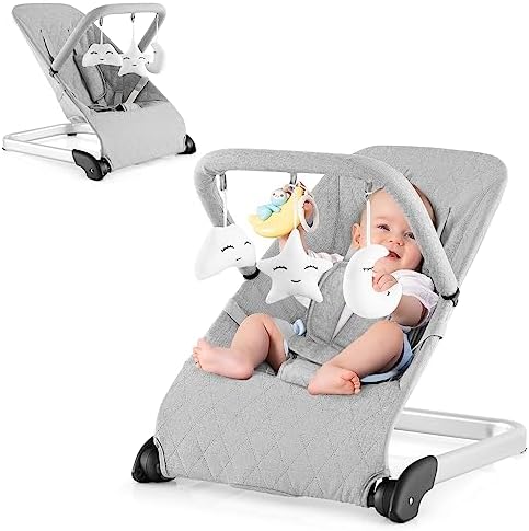BABY JOY Baby Bouncer, Foldable Baby Rocker with 5-Point Safety Harness ...