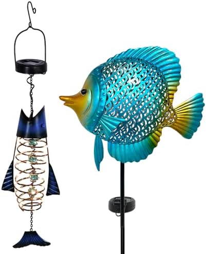 Amazon.com: Outdoor Lights for Patio Garden Decor - Metal Solar Fish ...