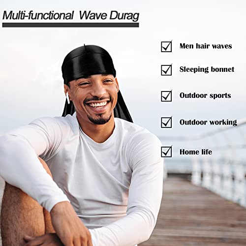 7 Pieces Silky Durags with Long Tail and 1 Piece Satin Wave Cap, Pack ...