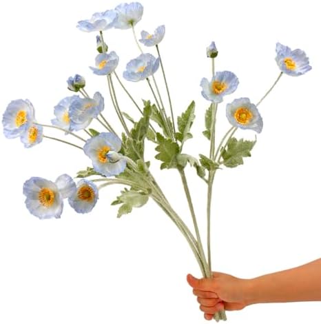 Amazon.com: JINWOE Light Blue Poppy Artificial Flowers,6 Stems Long ...