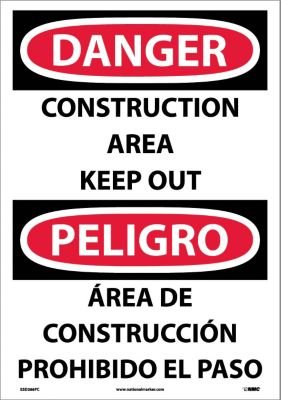 NMC ESD266PC Letrero bilingüe OSHA, leyenda "DANGER – Construcción zona ...