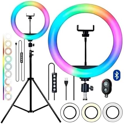 Suporte Iluminador 26 cm 10" polegadas LED Ring Light RGB Luz Colorido USB com Tripé 2,10m ...