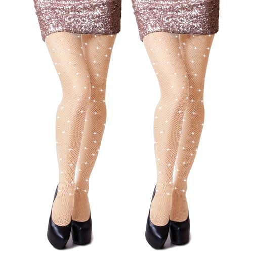Grevosea Fishnet Stockings for Women, 2 Pairs Rhinestone Fishnets ...