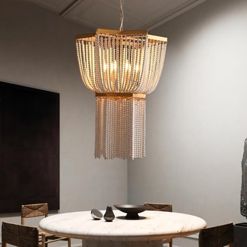 LOVEDIMA 6-Light Wooden Beaded Tassel Chandelier with Star Shaped in ...