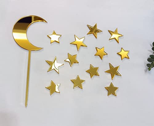 Set of 15 Twinkle Moon Stars Cake Toppers,Gold Acrylic Moon Stars Cake ...