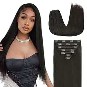 Amazon.com : Lashey Human Hair Extensions, 20 Inch Natural Black #1B, 120g 7pcs Clip-in Remy ...