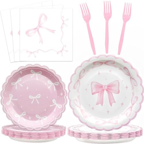Amazon.com: 96Pcs Pink Bow Party Supplies Disposable Tableware Set ...