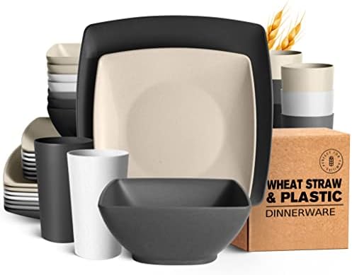 Amazon.com | Teivio 48-piece Wheat Straw Square Dinnerware Set for 12 ...