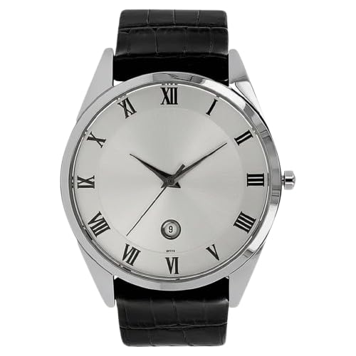 Roman Watch, Silver Dial with Roman Numerals, Black Leather Strap, Date ...