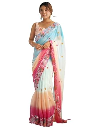 Buy AKHILAM Women's Blue Georgette Embroidered Saree With Unstitched Blouse (KESARI10701_KR) at ...