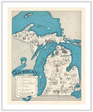 Amazon.com: Poster Master Map Canvas - Retro Michigan Print - Michigan ...