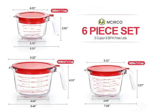 M MCIRCO 6 Pcs Glass Measuring Cups with Lids Set, 1-Cup, 2-Cup, 4-Cup ...