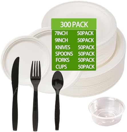 Amazon.com: emlifepak Compostable Paper Plates and Utensils 300PCS ...