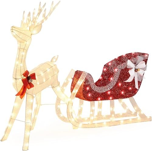 Amazon.com: Yaheetech 4ft Lighted Christmas Reindeer & Sleigh Set ...
