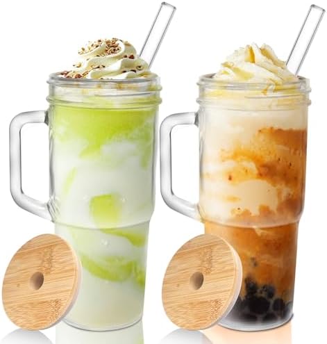 Amazon.com: Glass Cups with Bamboo Lids and Straws,24oz Tumbler With ...