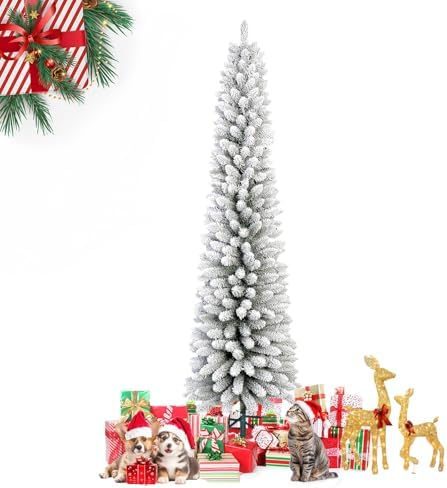Amazon.com: iCapeson 6FT Snow Flocked Pencil Christmas Tree, Slim ...
