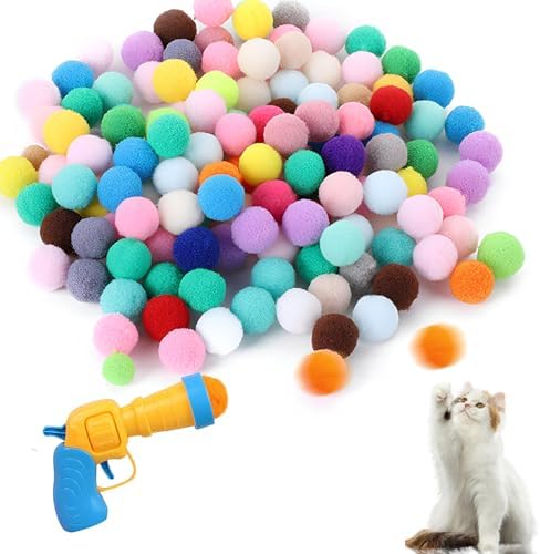 Cisolen Cat Interactive Toys Cat Ball Toy Launcher with 50pcs Soft Pom ...