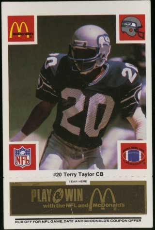 Terry Taylor Seattle Seahawks McDonald's NFL Play & Win 1986 Football ...