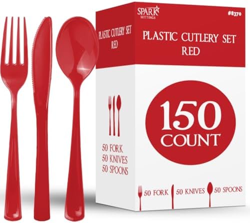 Amazon.com: 150 Pack Red Plastic Cutlery Set, Plastic Silverware Heavy ...