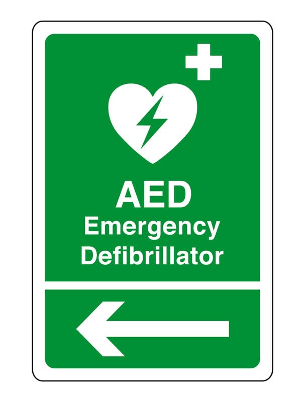 AED Emergency Defibrillator arrow left safety sign - for indoor/outdoor ...