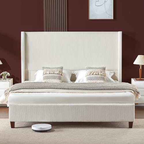 Amazon.com: HOWE King Size Upholstered Platform Bed Frame, Wingback Bed ...