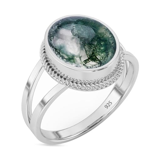 Amazon.com: 925 Sterling Silver Ring For Womens Natural Moss Agate Ring Sterling Silver ...