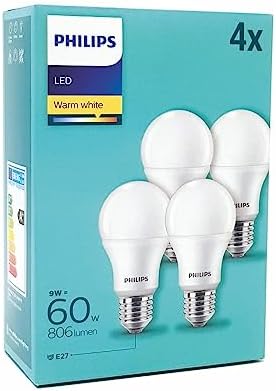Philips LED Classic A60 Frosted Light Bulb 4 Pack [E27 Edison Screw] 8W ...