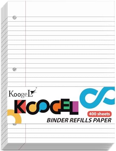 Koogel 400 Sheets Binder Refills Paper White, Lined Filler Paper 3 ...