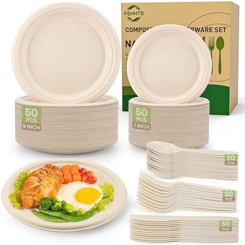 FEHHTO Compostable Paper Plates Set 250PCS Heavy-Duty Disposable Plate ...