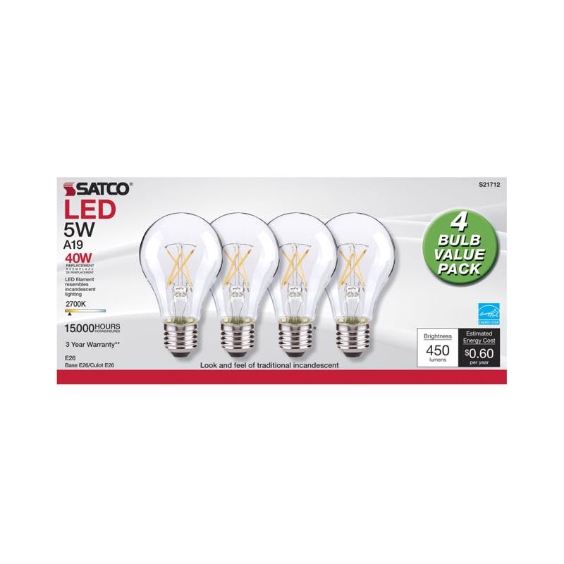 Satco S12460 5 Watt A19 LED Bulb, Clear, 2700K, Medium Base, 120 Volt ...