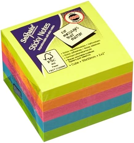 Snopake 50 x 50 mm Neon Assorted Sticky Notes [Pack of 1, 400 Sheets ...