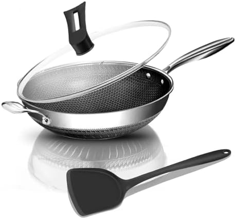 Hybrid Nonstick 12.5Inch Wok Pan with lid Honeycomb Work with Handle ...