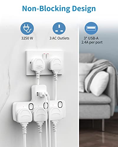 Multi Plug Extension with 3 USB Socket, 3 Way Plug Adapter with ...