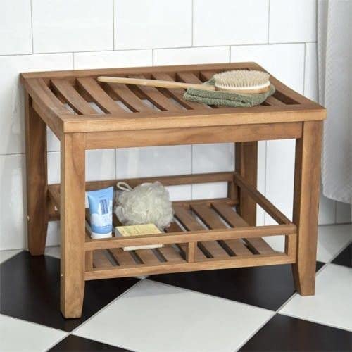 WOODZEN Teak Wooden Solid Stool with Shelf for Home & Office (40D x 30W ...