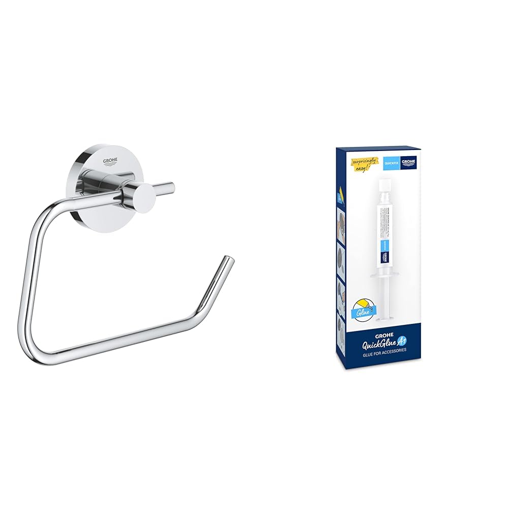 GROHE Start QuickFix Toilet Roll Holder without Cover & QuickGlue A1 (Metal, Concealed Fastening ...