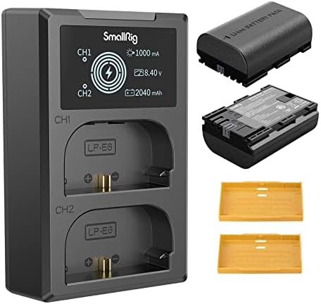 SMALLRIG 2 Pack 2040mAh LP-E6NH Batería y Cargador, Cargador Dual con Puerto USB-C, Compatible ...