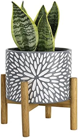 Amazon.com : LA JOLIE MUSE Ceramic Plant Pot with Wood Stand - 7.3 Inch Modern Round Decorative ...
