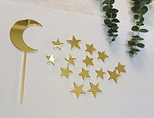 Set of 15 Twinkle Moon Stars Cake Toppers,Gold Acrylic Moon Stars Cake ...