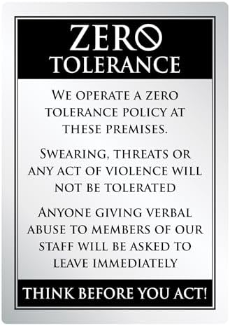 Zero Tolerance Policy Notice Abuse Violence Warning Metal Sign Brushed ...
