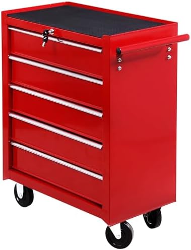 HOMCOM 5 Drawer Tool Box, Lockable Steel Tool Chest on Wheels, Rolling ...
