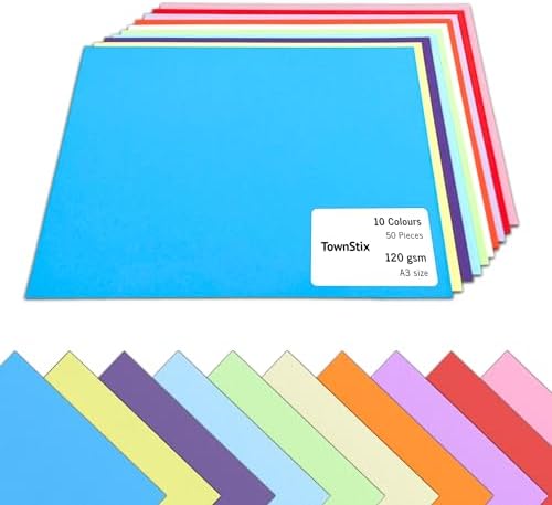 50 Sheets, 120gsm - A3 Coloured Card Paper, Assorted Multi Colour ...