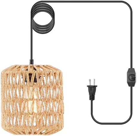 Plug in Pendant Light, Boho Rattan Hanging Lamp with Plug in Cord ...