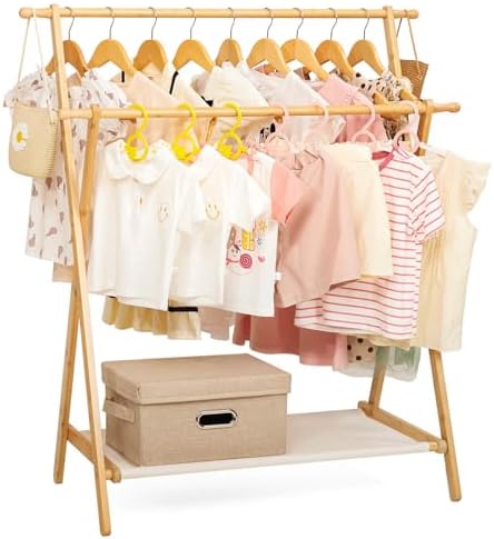 Amazon.com: Vilaxing Kids Clothing Rack Bamboo with 2 Storage Baskets ...
