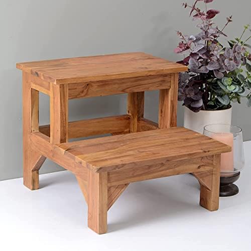 MURALICRAFT Solid Sheesham Wood Stool for Kitchen | Wooden 2 Step Stool ...
