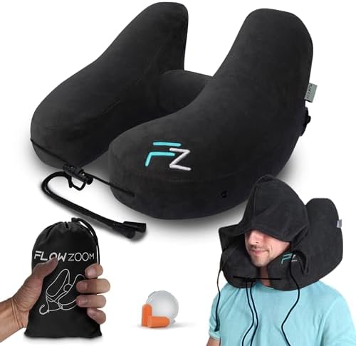 FLOWZOOM AIR Inflatable Travel Pillow for Airplane - Hooded Neck Pillow ...