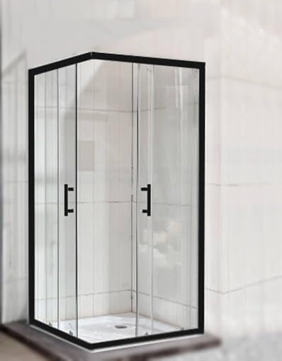 Corner Entry Shower Enclosure with Black Trim Walk in Cubicle Sliding ...